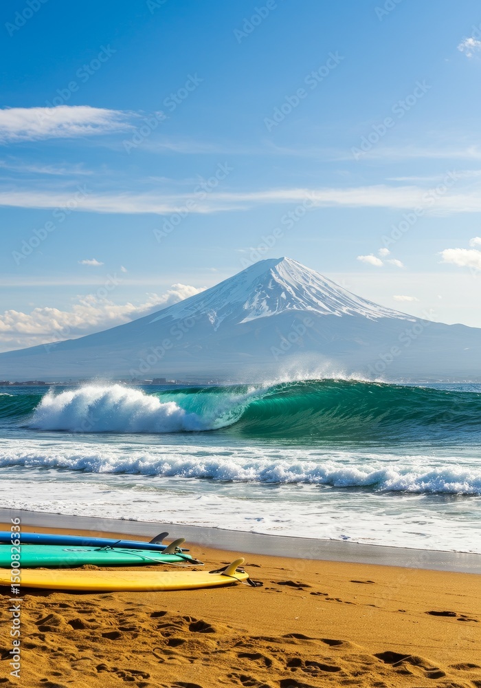 Photo of Mount Fuji With Waves Crashing on Shoreline In Japan Stock ...