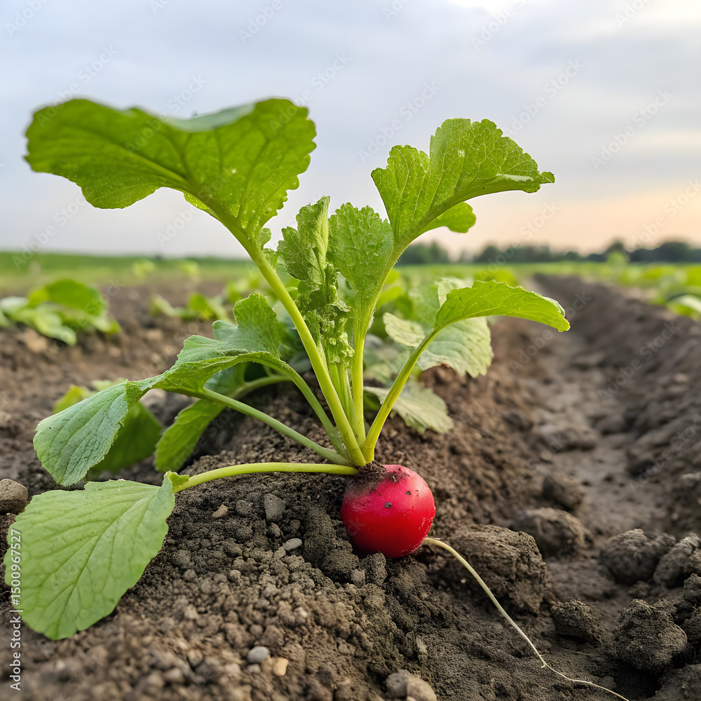 Radish plant growing in loose soil with a visible red bulb and green ...
