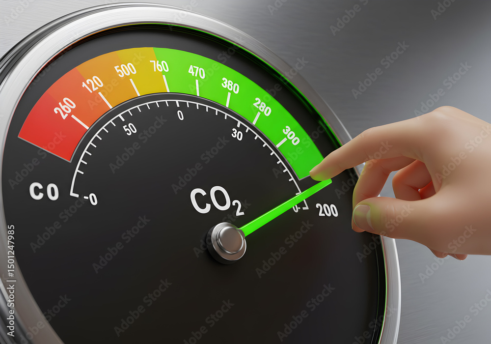 Co2 emissions meter gauge indicator with hand pointing to green zone ...