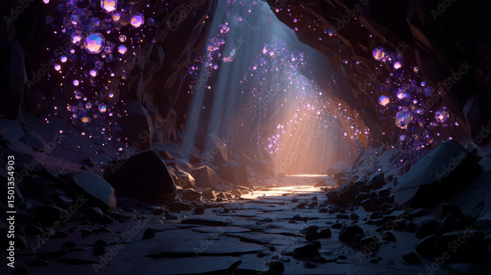 Ilustrace Exit from cave with gemstones on walls. Vector cartoon ...