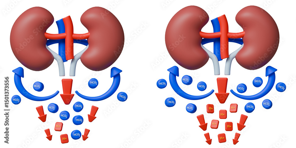 Kidney acid-base regulation. Acidosis and alkalosis illustration, 3D ...
