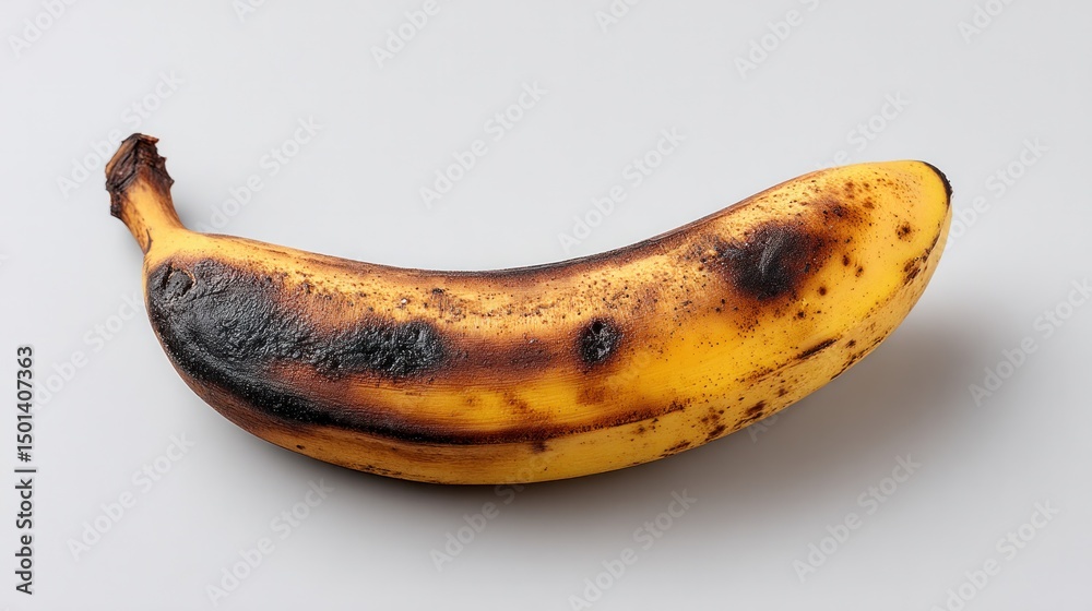 Overripe banana with blackened peel and exposed mushy texture for food ...
