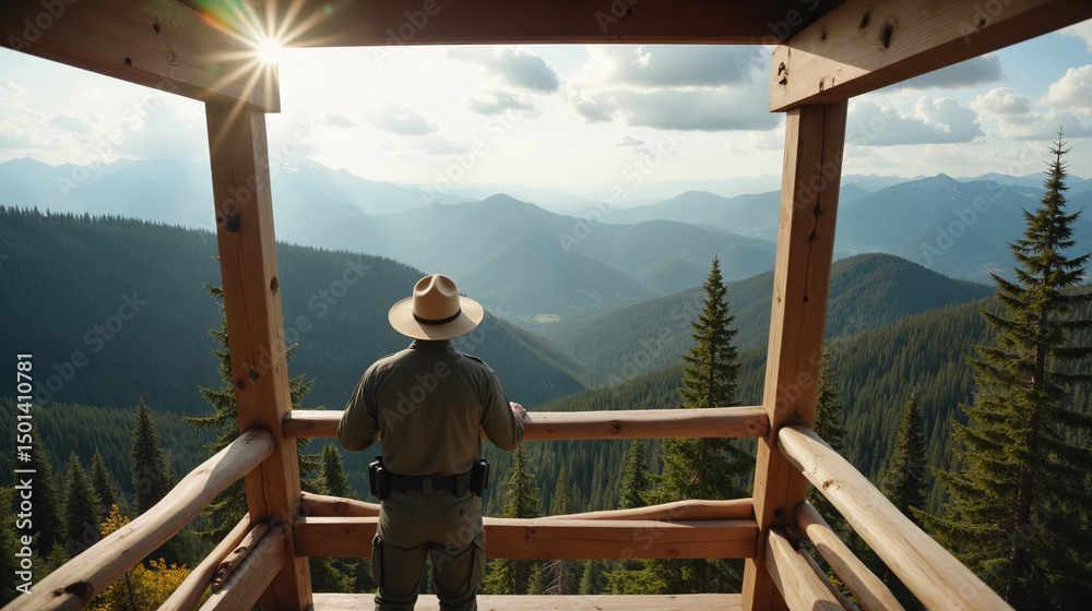 Forest Ranger in Watchtower – Mountain Landscape Observation Point with ...