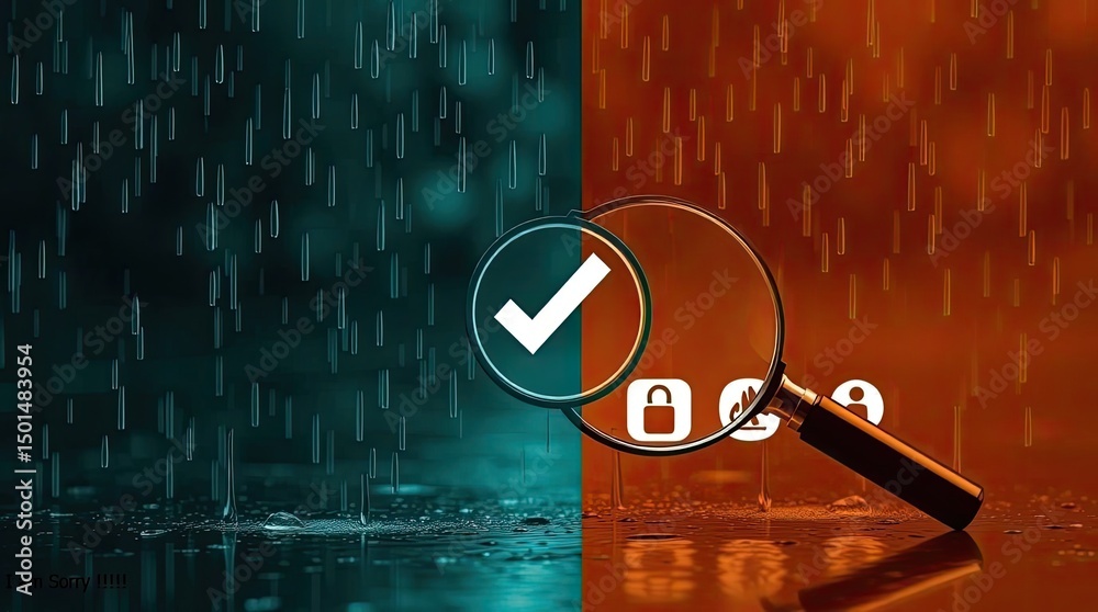 Magnifying glass over check mark, lock, mail, and user icons on a split ...