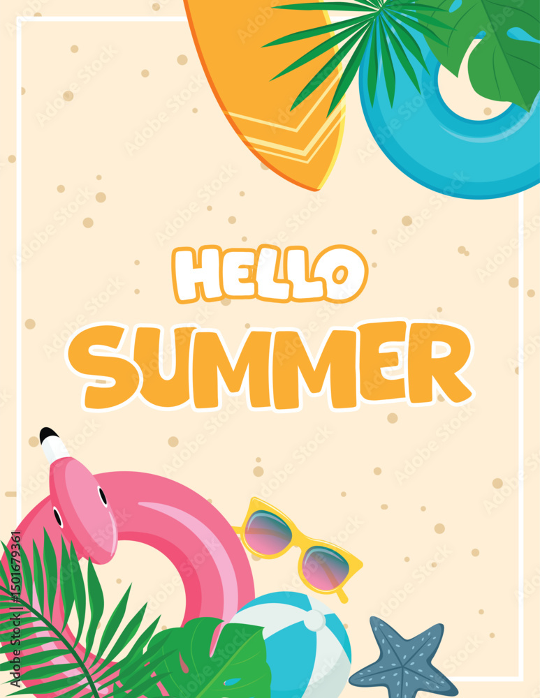 Hello summer beach clipart poster. Summer greeting text in beach ...