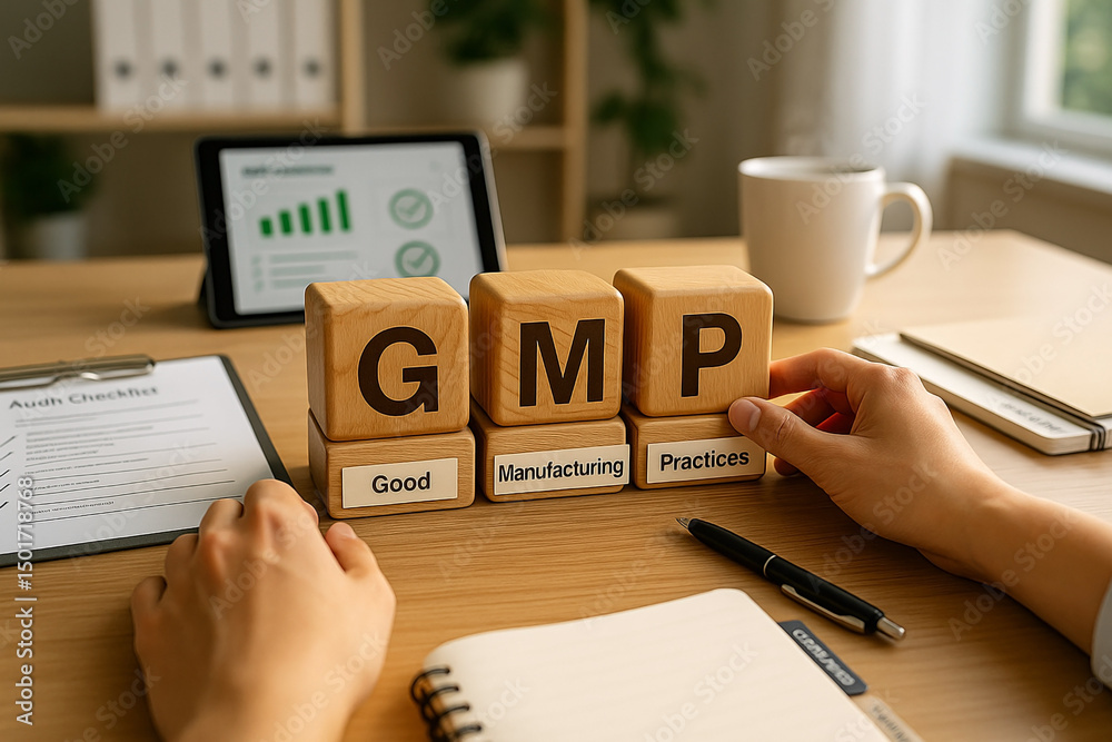GMP: Good Manufacturing Practices illustrated with wooden letter blocks ...