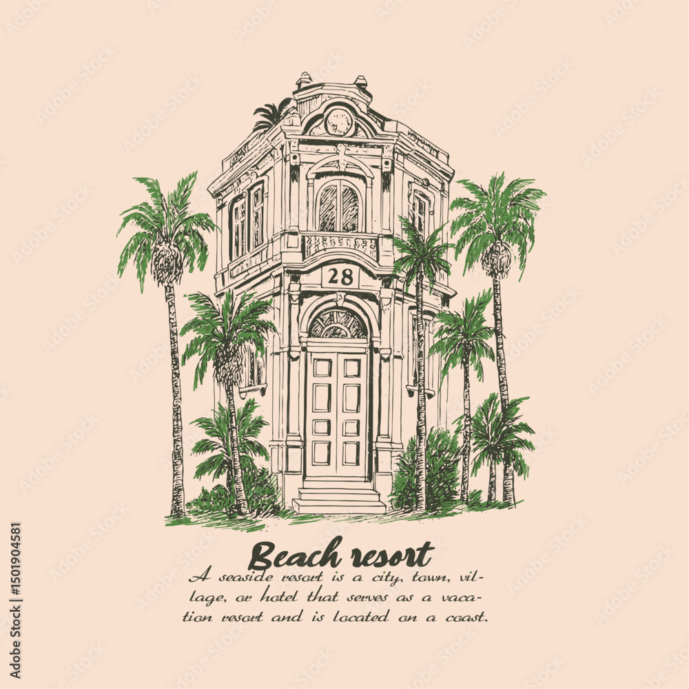 hand drawn make resort. palm tree deach resort. summer beach resort ...
