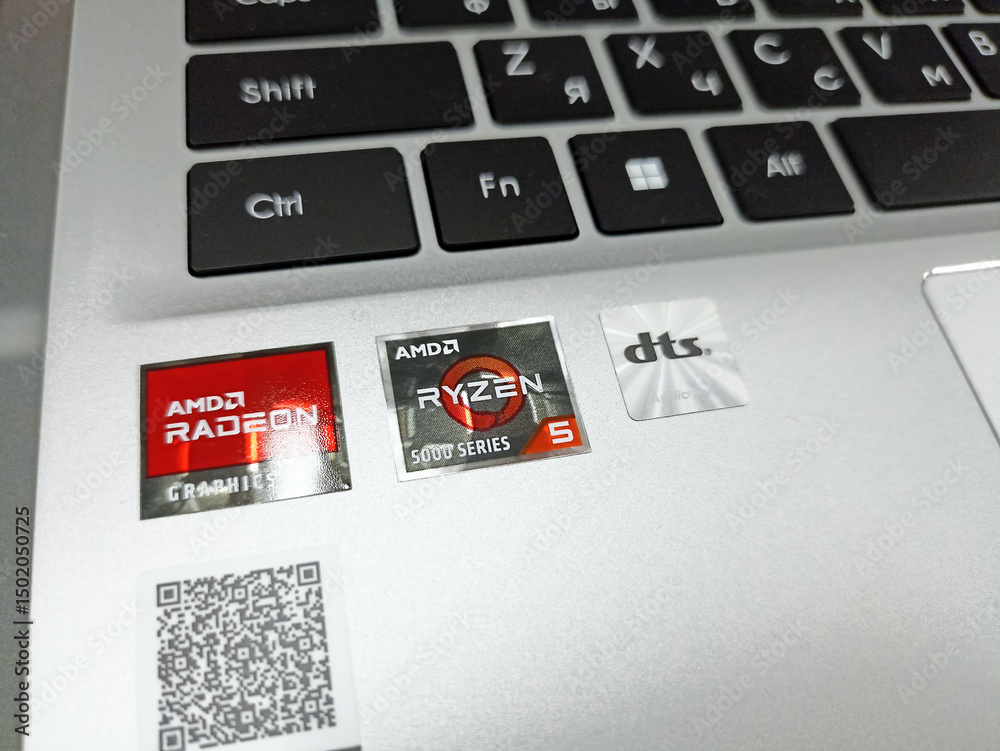 Laptop keyboard with amd radeon ryzen 5 and dts stickers Stock Photo ...