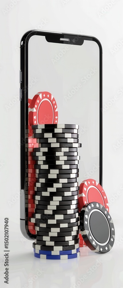Blank smartphone hovers above a stack of poker chips in white space, a ...