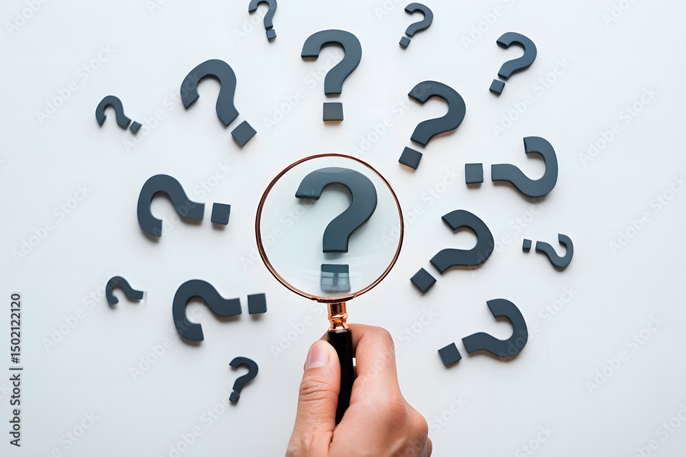 Question mark and root cause analysis concept. Hand holding magnifying ...