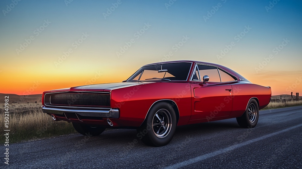 Classic red muscle car on a scenic highway at sunset showcasing ...