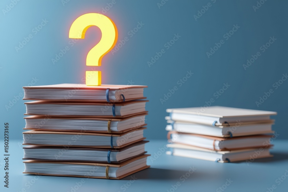 Question mark and root cause analysis concept. A stack of books with a ...