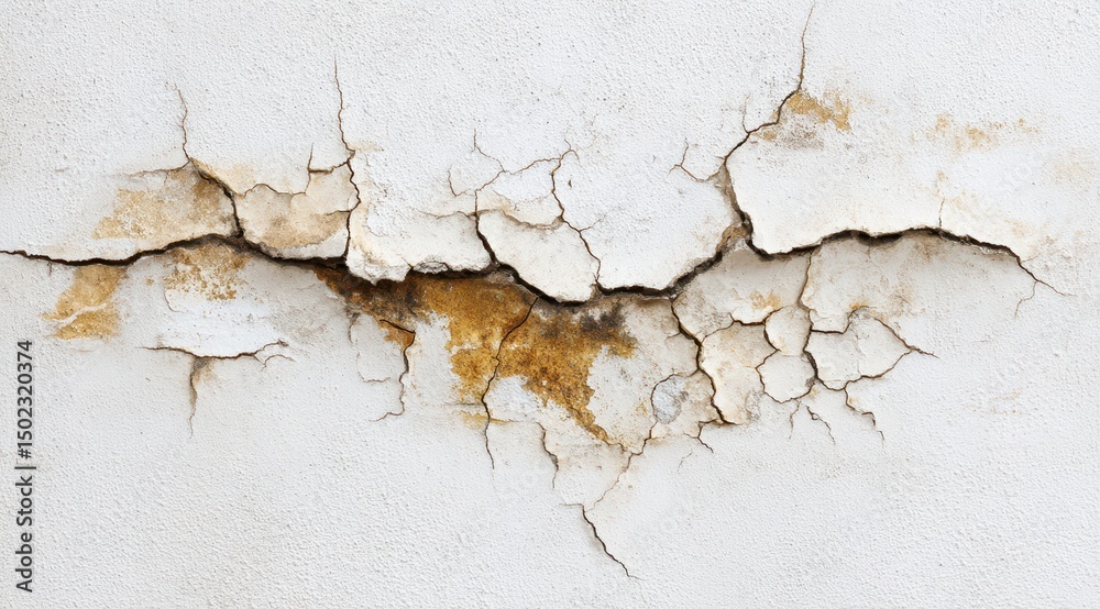 Cracked and discolored white paint on a wall, showing significant ...