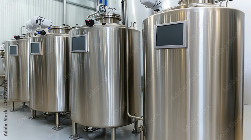 Modern stainless steel storage tanks in a clean industrial facility ...