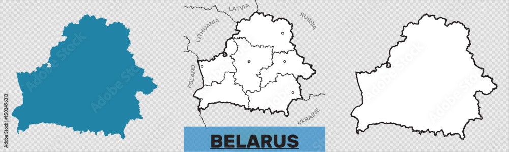 Belarus maps vector set on transparent background. Solid map, map highlighting administrative ...