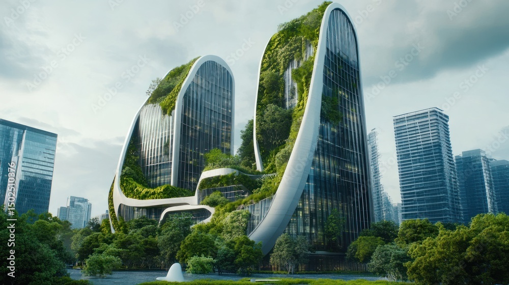 Futuristic biophilic twin towers with lush vertical gardens amidst a ...