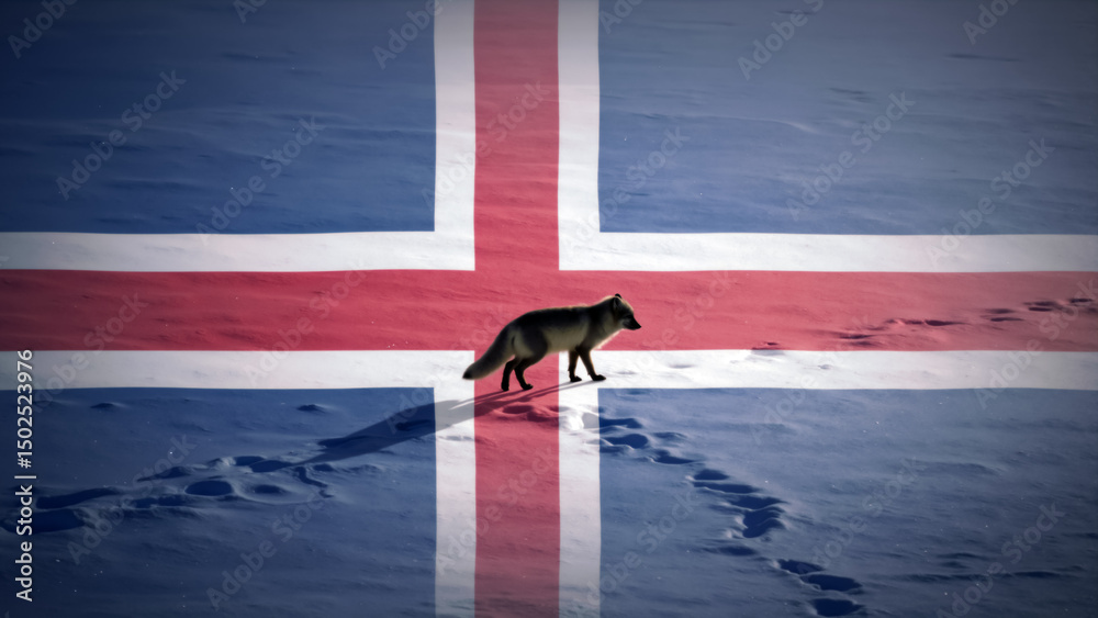 Arctic fox walking in snow with Icelandic flag overlay. Symbol of ...