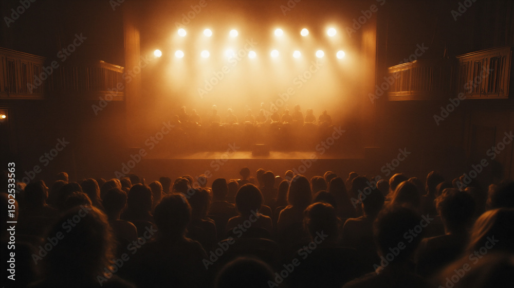 Стоковое фото «Silhouetted actors perform on a warmly lit stage in ...