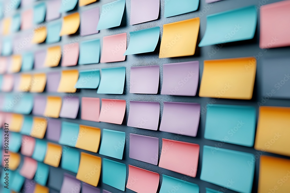 Colorful sticky notes arranged in a grid pattern on a wall, creating a ...