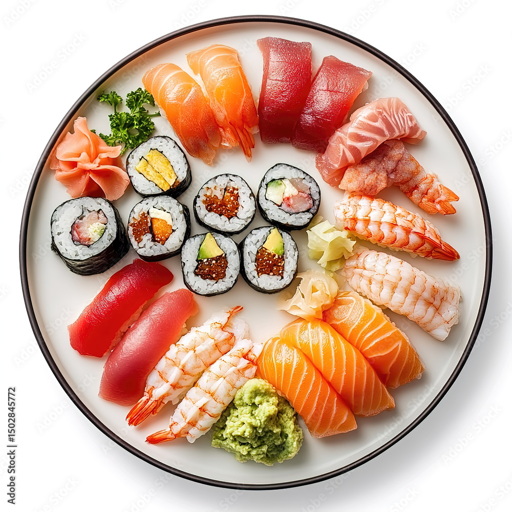 Photo Stock diferentes tipos de shusi sobre fondo blanco sujetado por ...