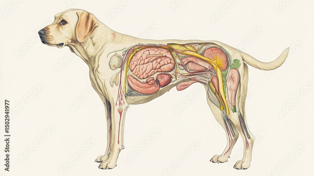 Anatomical Diagram of a Labrador Retriever Illustrating Internal Organs ...