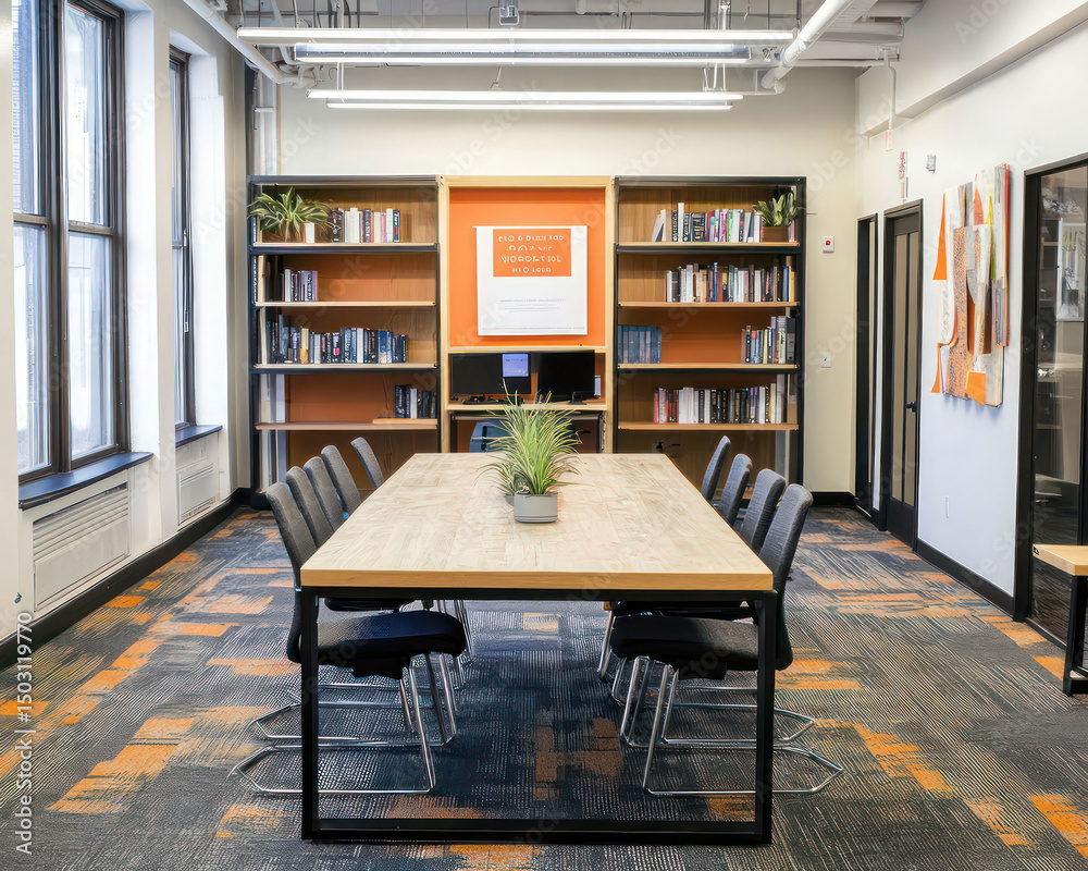 Office layout with a central community table and open shelving Stock ...
