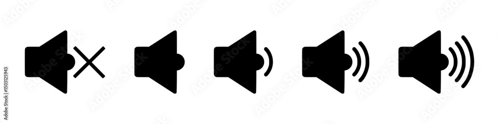 Progression of Black Speaker Icons Illustrating Increasing Sound Volume ...