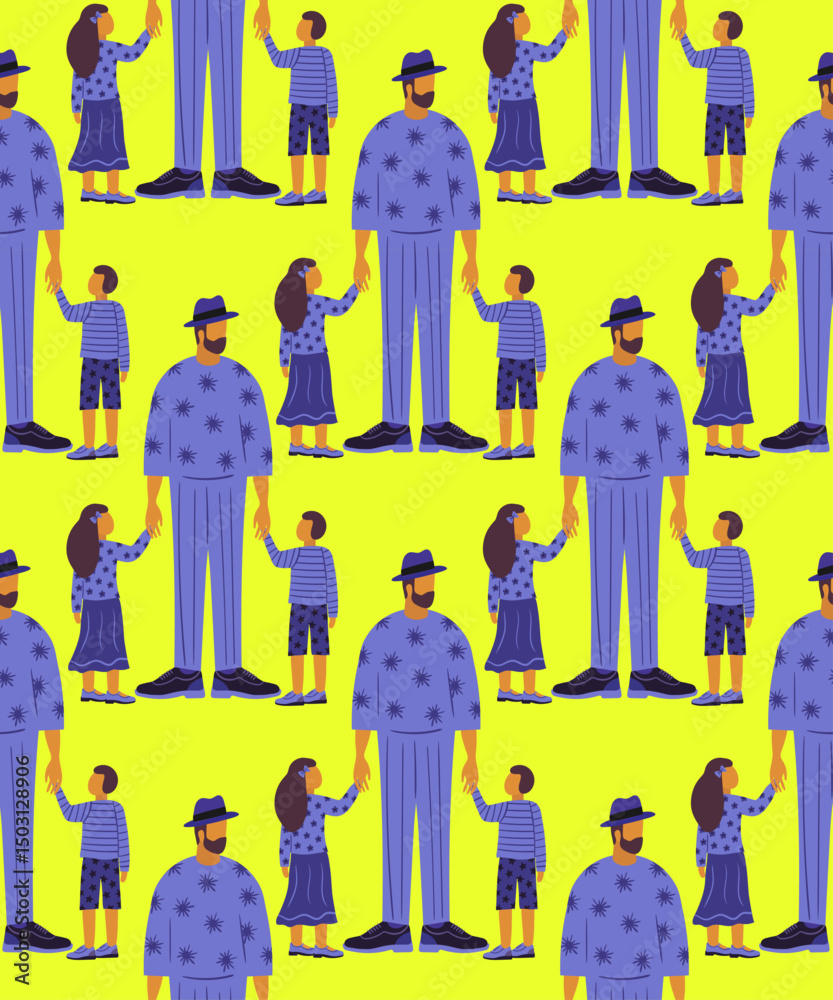 seamless father with children holding hands pattern on yellow ...