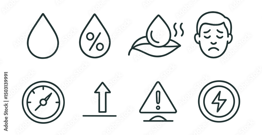 Line style icons of humidity and pressure: water droplet icon, humidity ...