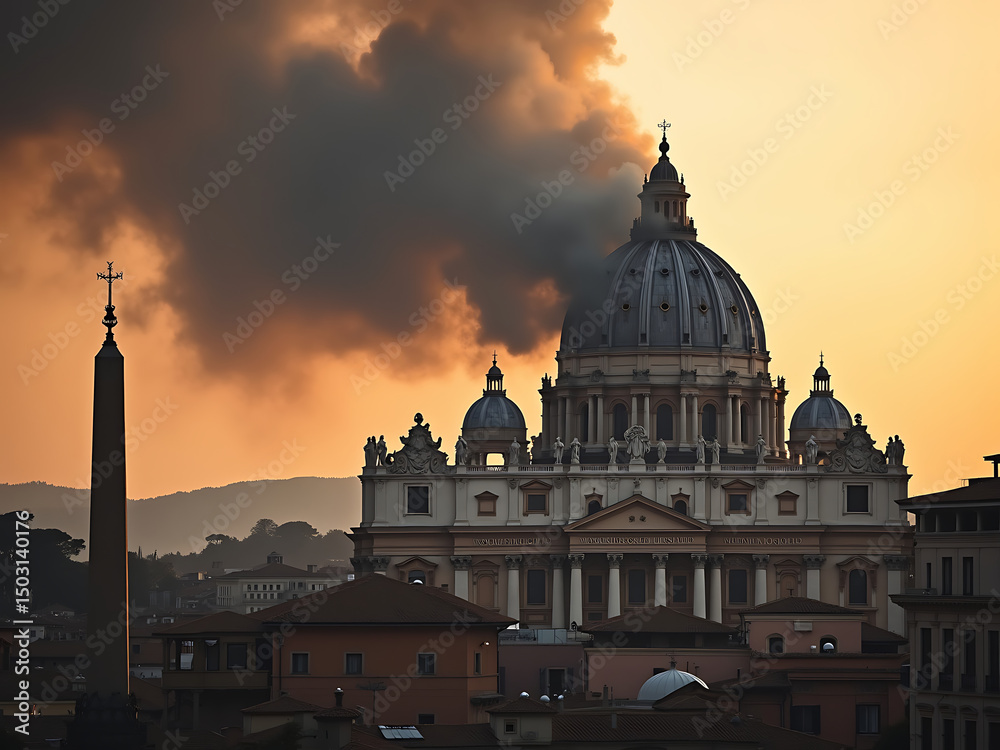 Black smoke rises over st. peters basilica signifying papal conclave in ...