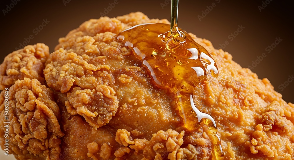 Crispy fried chicken with honey drizzle sliding down golden crust ...