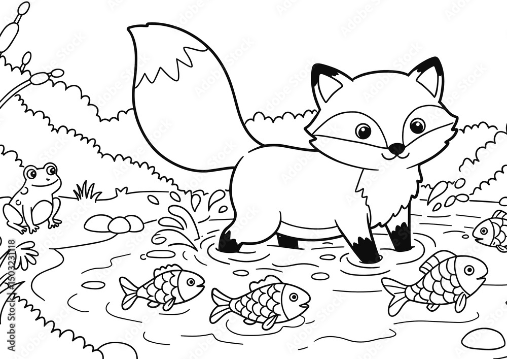 Fox standing in water with fish in a coloring page scene. A4 size ...