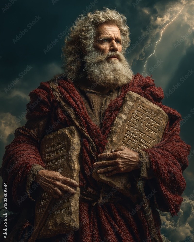 Moses holding two stone tablets with the 10 commandments, Bible story ...