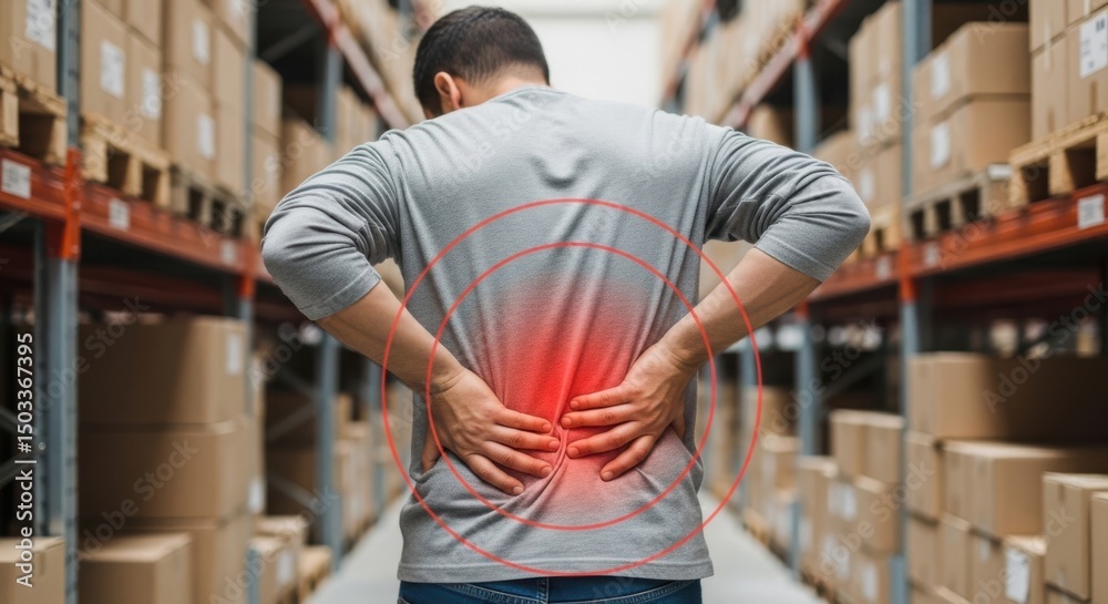 Warehouse worker experiencing lower back pain illustrating occupational ...