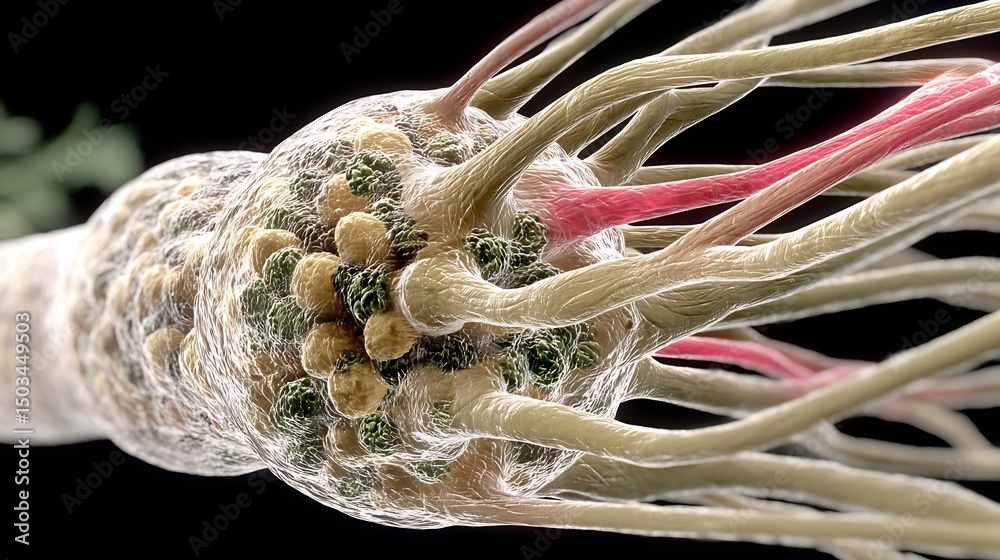 Ilustración de Stock Zoomed image of chronic elbow tendinopathy with ...