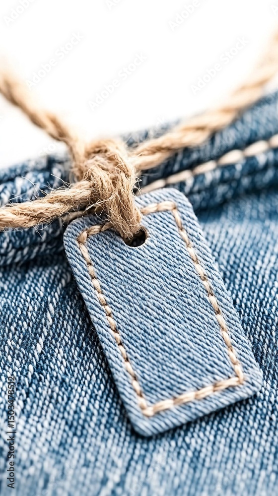 Close Up of Blue Denim Tag with Beige Rope on White Background Stock ...