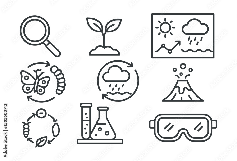 Line style icons of science for kids: magnifying glass, plant sprout ...
