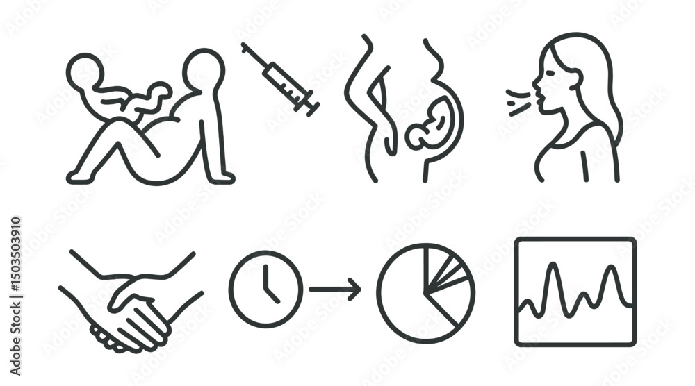 Line style icons of childbirth: natural birth icon, epidural injection ...