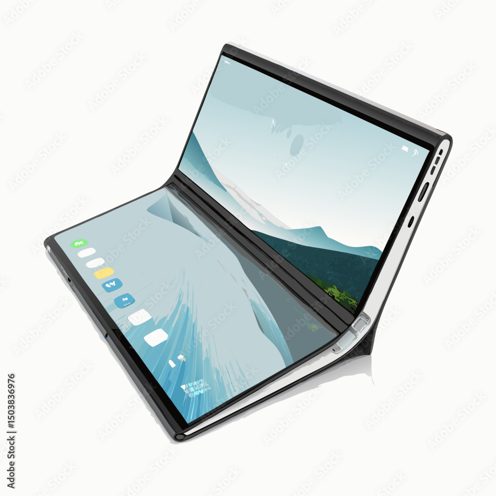 Design a vector illustration of a flexible e-paper screen with a bold ...