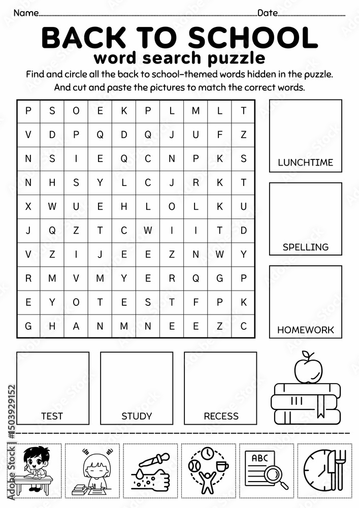 Back to School Word Search Puzzle for Kids, Cut and Paste Activity ...