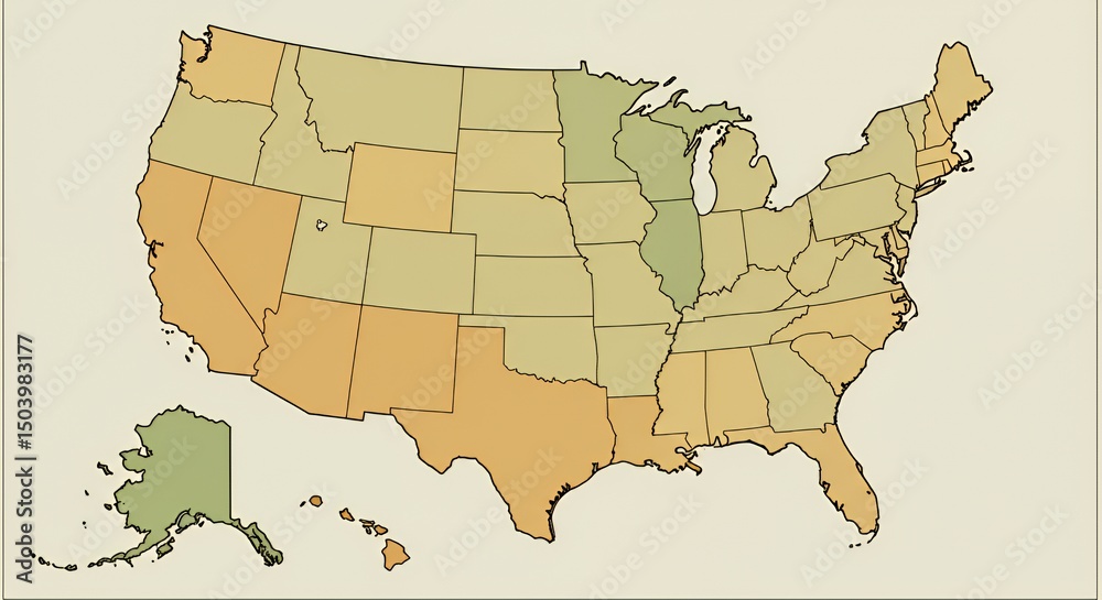 United States Map: A Color-Coded Geographical Representation Stock ...