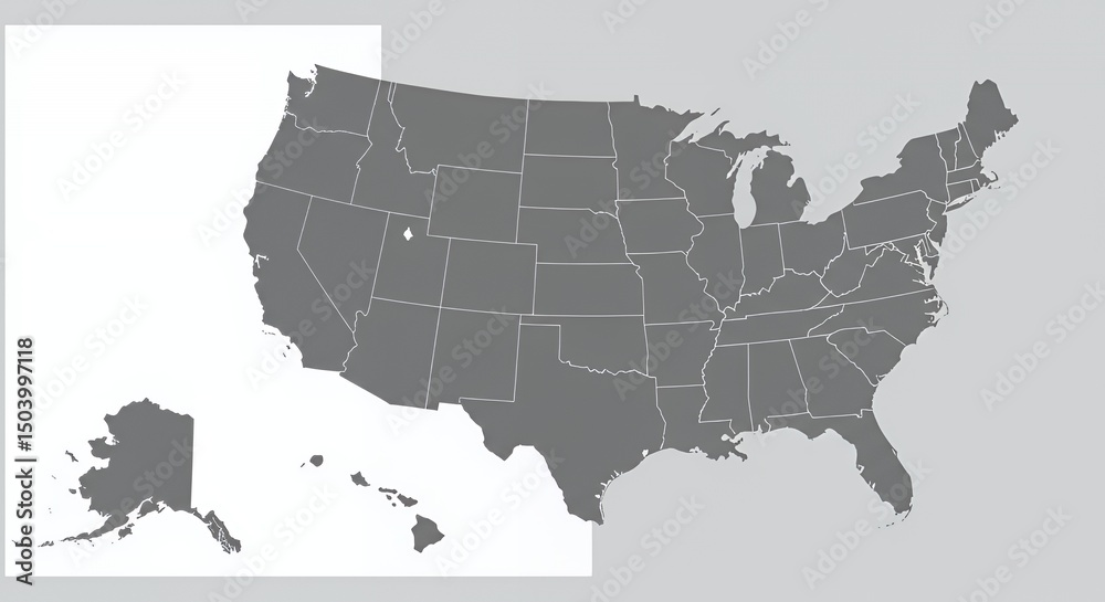 United States Map: A Grey-Scale Representation of the 50 States and ...
