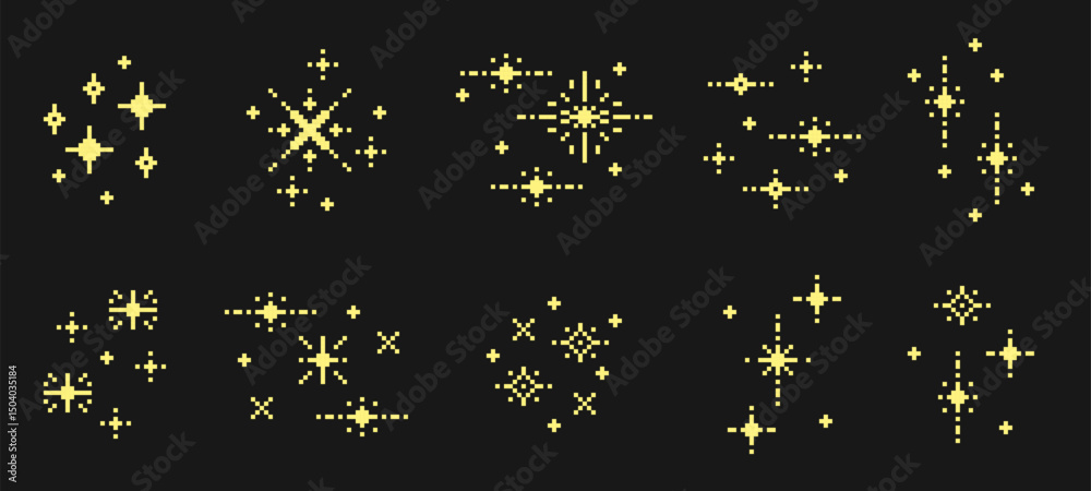 Pixel art sparkle glitter. Stars, 8 bit sparkles, shine pixel sparks ...