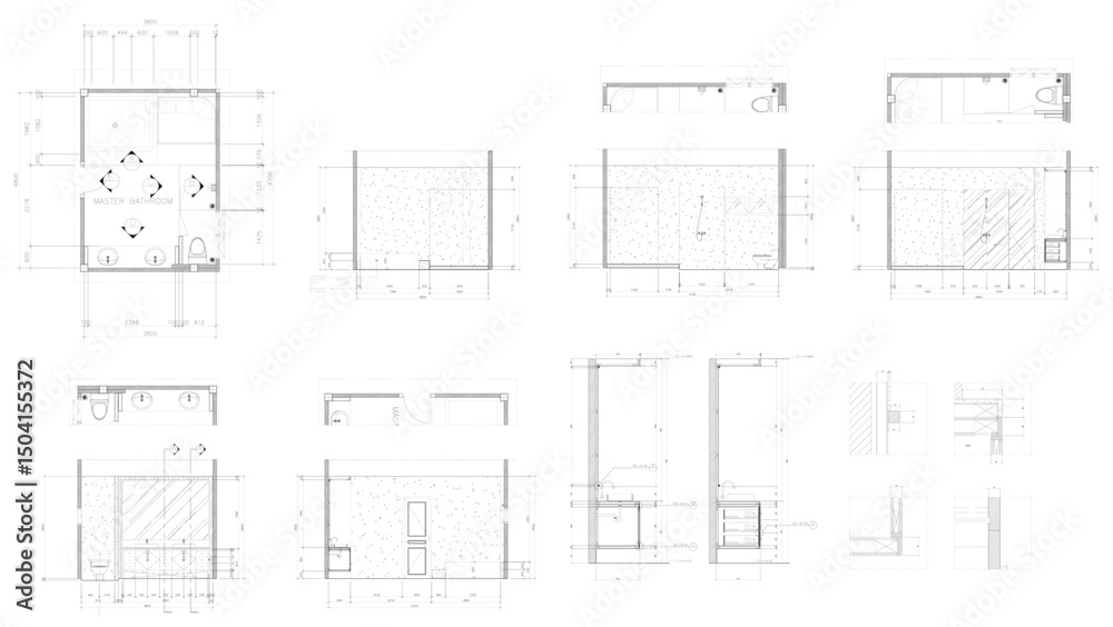 Drawings, interior decorations, master bathroom, furniture layout plan ...
