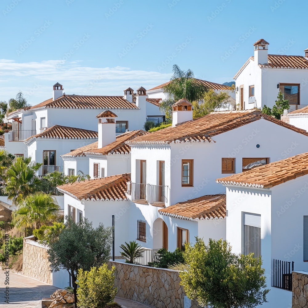 New construction homes in a Spanish suburb, white stucco walls and ...