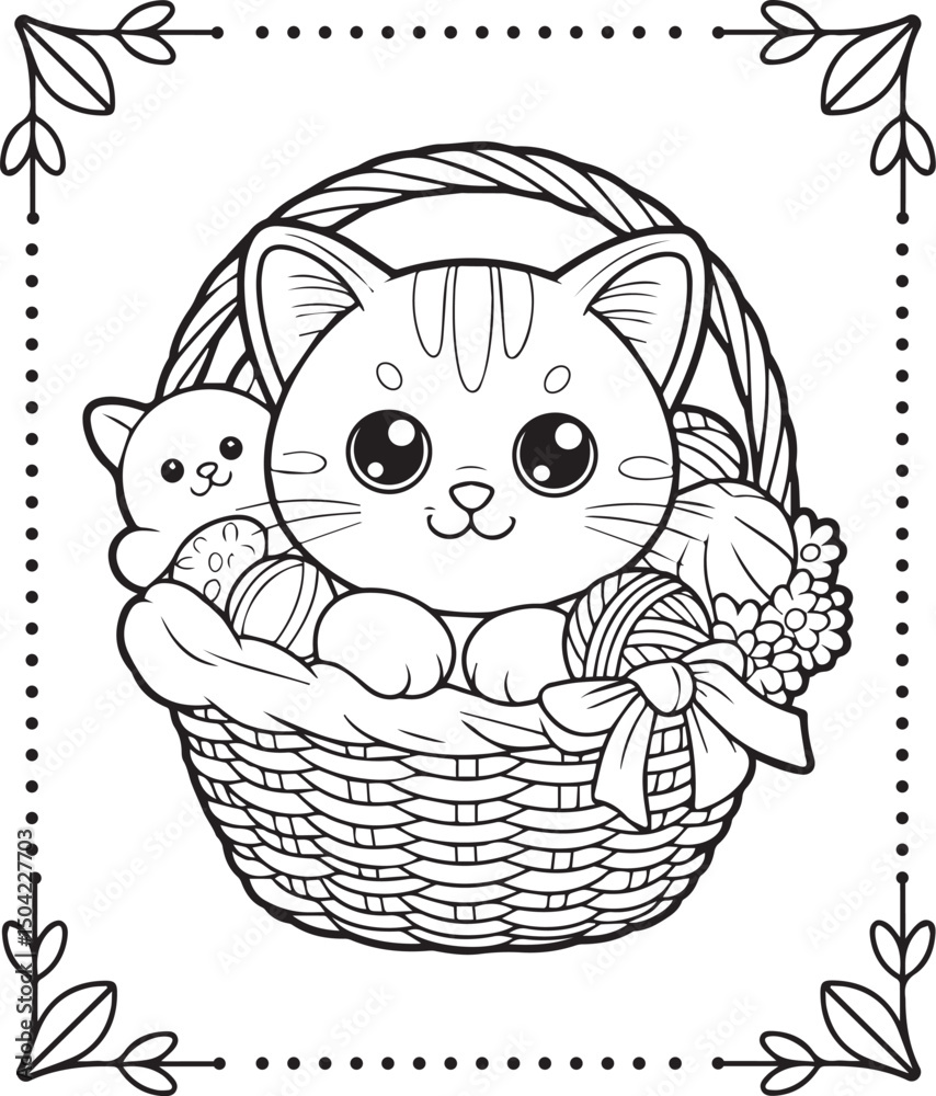 Cute cartoon adorable cat sleeping in basket coloring pages for kids ...