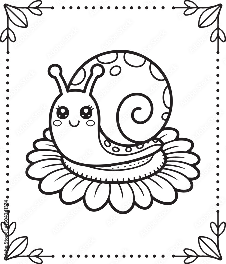 Cute kawaii snail on a flower cartoon vector line art coloring page for ...