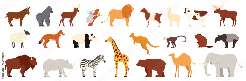 Wild and farm animals set. Different zoo and domestic animals in nature ...