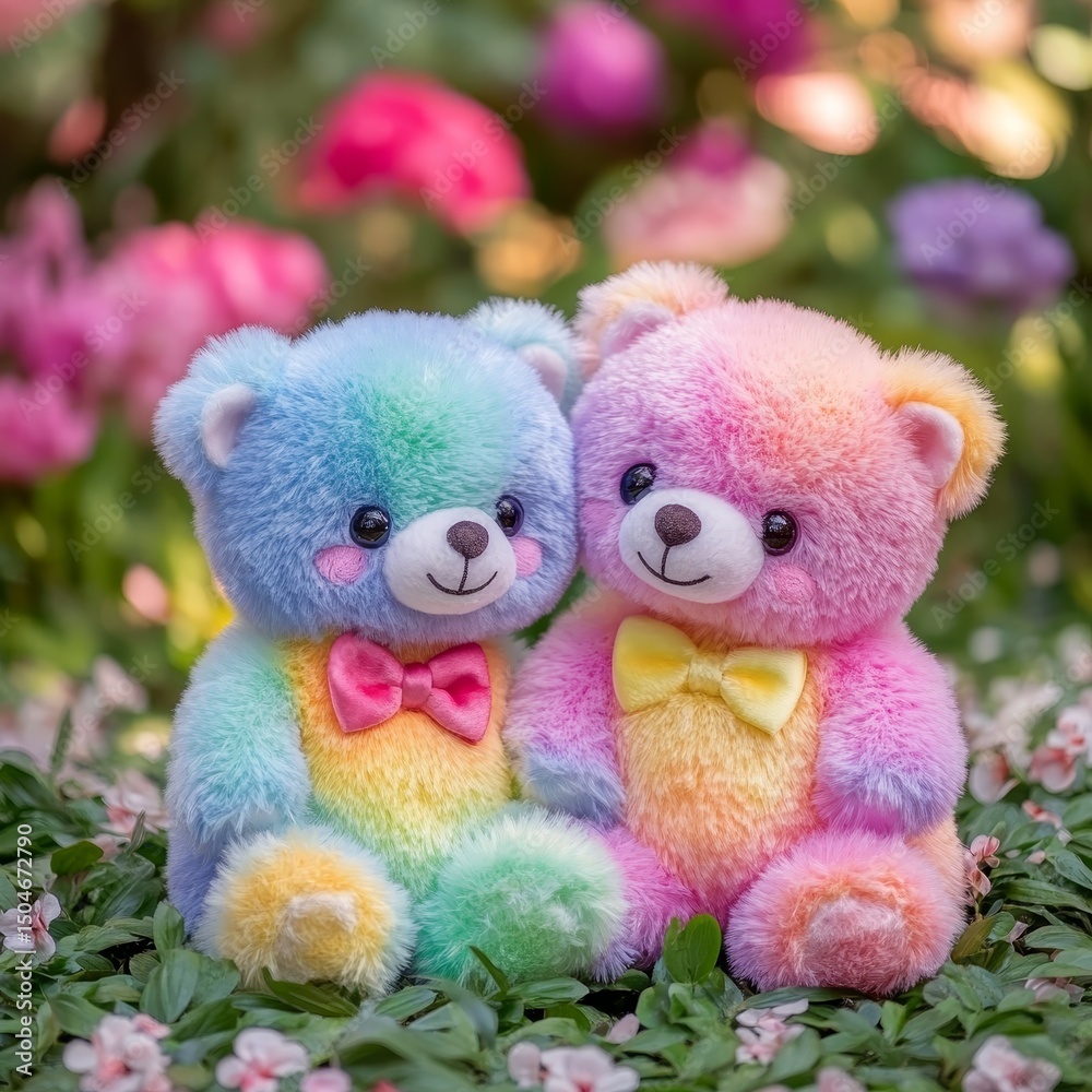 Two Beautiful Rainbow Teddy Bears On The Flower Field Stock Photo ...