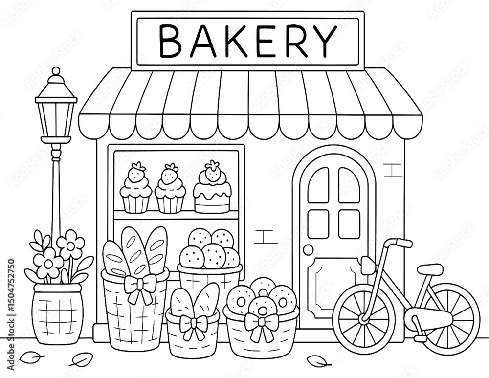 black and white drawing of a bakery front. 8.5x11 inches coloring page ...